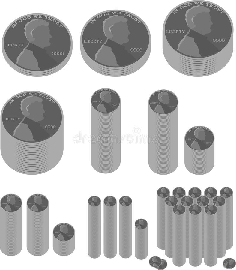 Monochrome Bundle of US American 1 Cent Coin Set Stock Vector ...