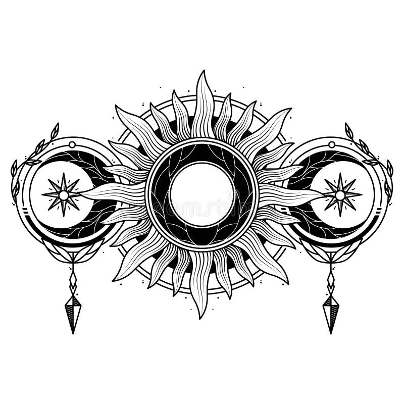 Monochrome Celestial Moon and Sun with Ornaments Illustration Vector ...