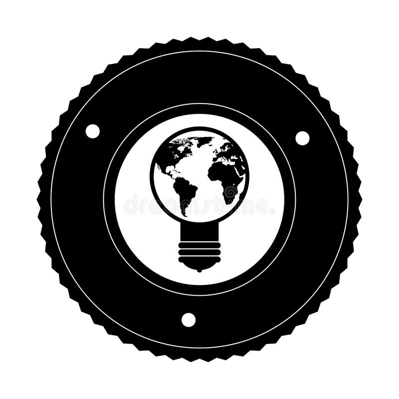 Monochrome Circular Emblem with Bulb Light with World Map in Glass ...