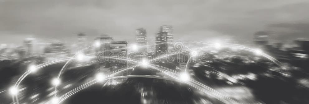 Monochrome Cityscape with Interconnected Light Paths Stock Illustration ...