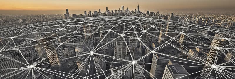 Monochrome Cityscape with Intricate Web-like Network Stock Illustration ...