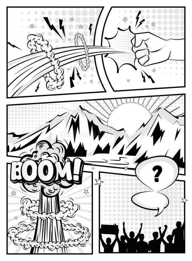 Monochrome Comic Page with Explossion and Expressions Vector Stock ...