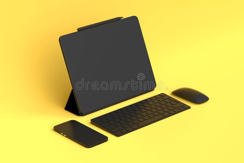 Monochrome Computer Tablet with Keyboard, Mouse and Phone Isolated on ...