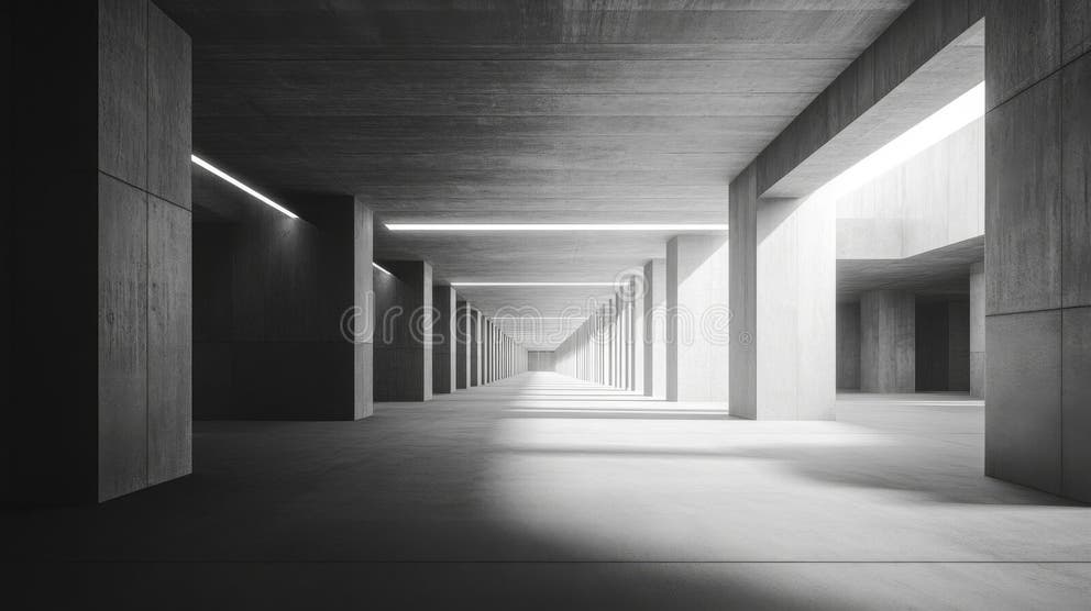Monochrome Concrete Hallway with Linear Perspective Stock Illustration ...