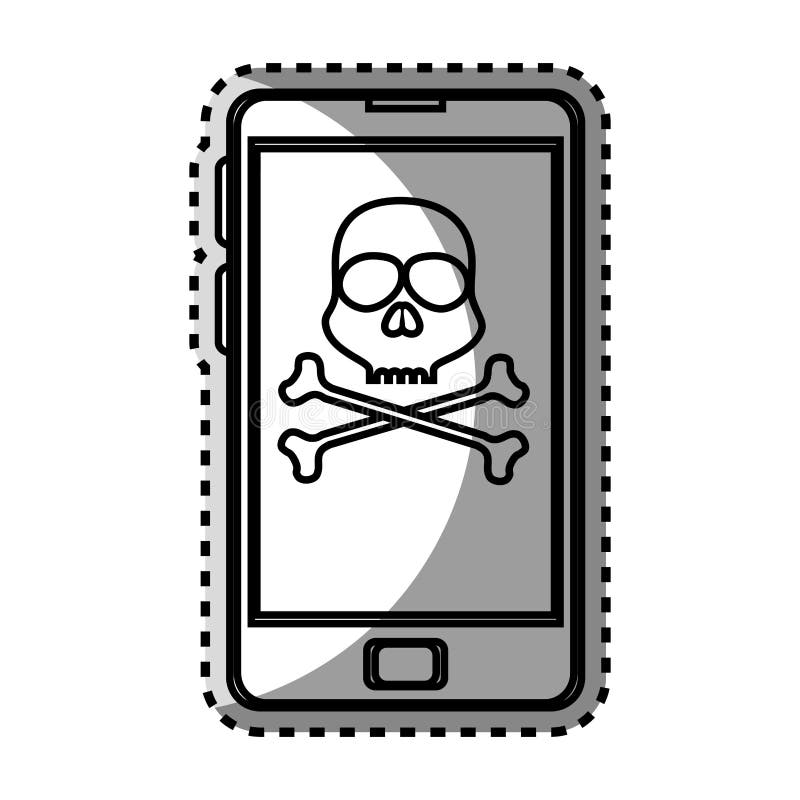 Monochrome Contour Sticker with Cell Phone with Virus Skull and Bones ...
