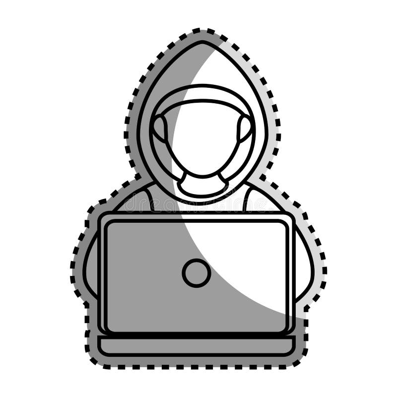 Monochrome Contour Sticker with Hacker Faceless and Laptop Stock Vector ...