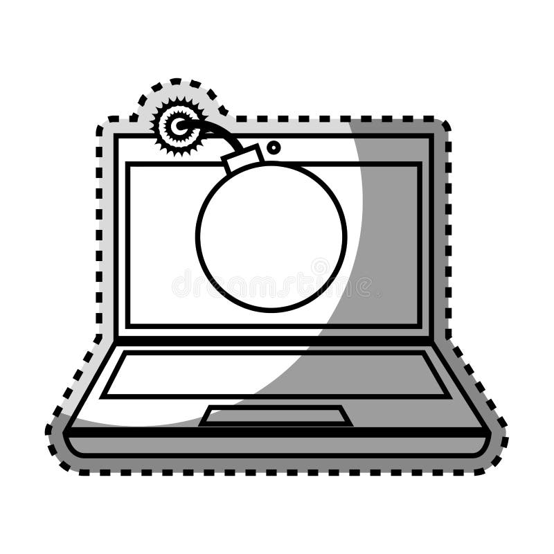 Monochrome Contour Sticker of Laptop Computer with Virus Bomb on Screen ...