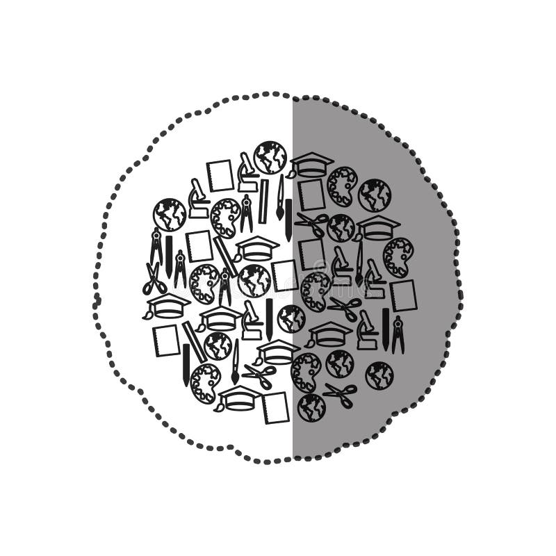 Monochrome Contour Sticker with Set of Study Icons in Circle Shape ...