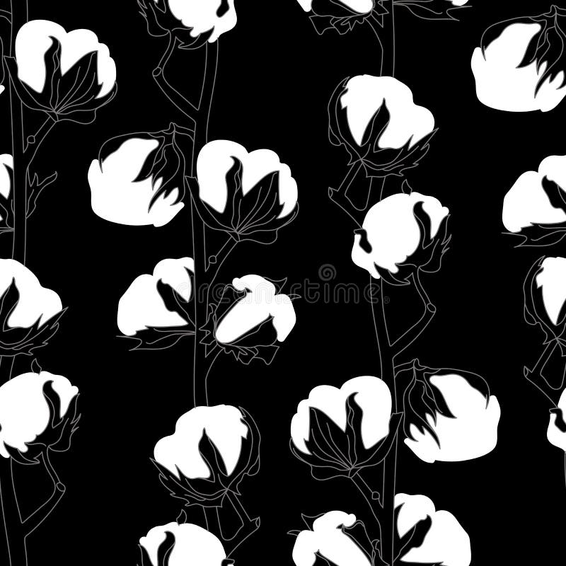 Cotton Branches Line Drawing Seamless Pattern on Black Stock Vector ...