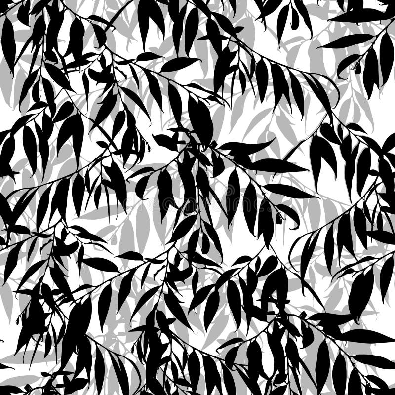 Monochrome Vector Cute Seamless Pattern with Willow Leaves Isolated on ...