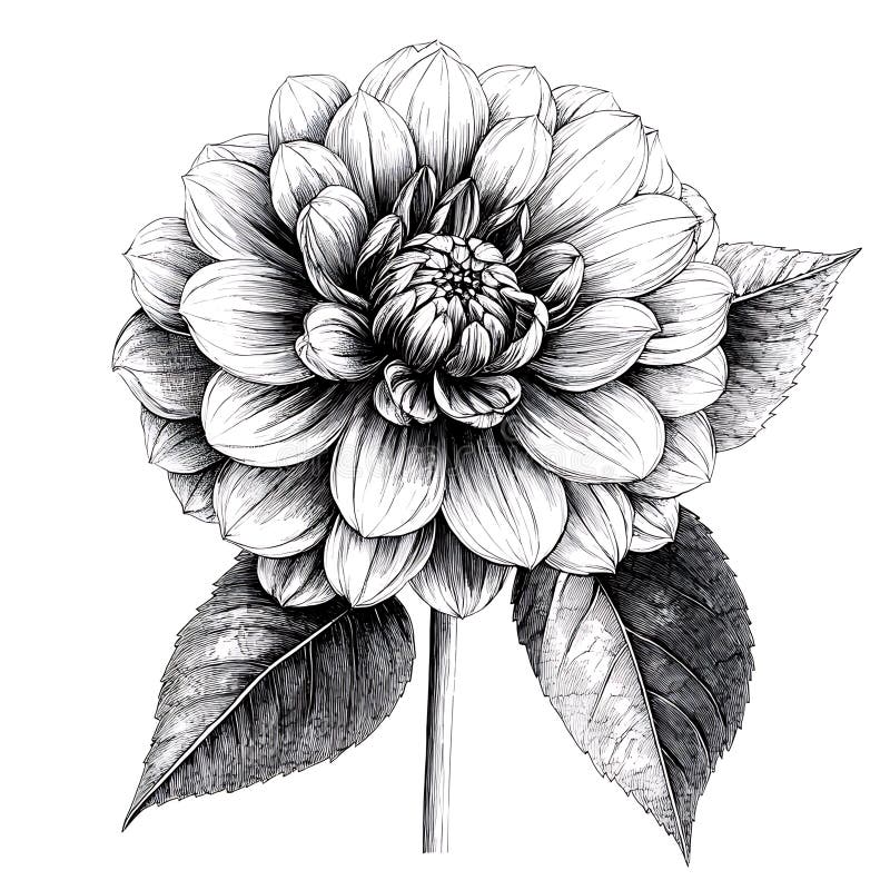 Monochrome Dahlia Flower Drawing Stock Illustration - Illustration of ...