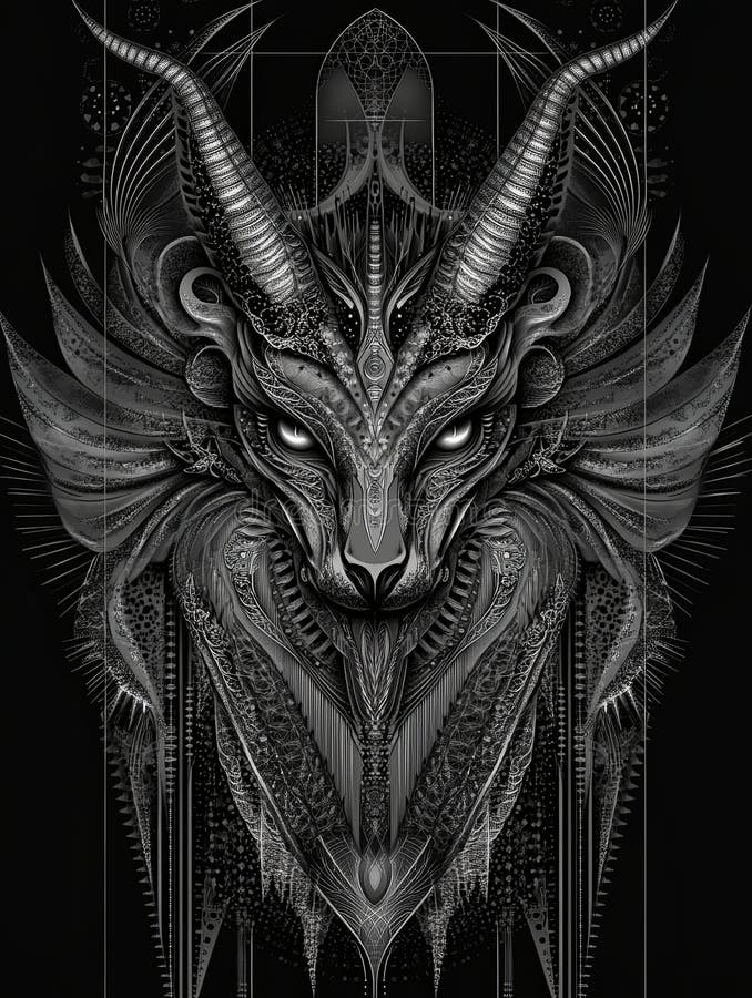 Monochrome Digital Art of a Stylized, Horned Creature, Intricate ...