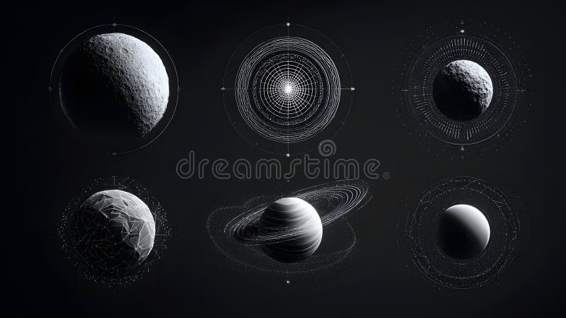 Monochrome Digital Artwork Displaying Celestial Bodies and Planetary ...