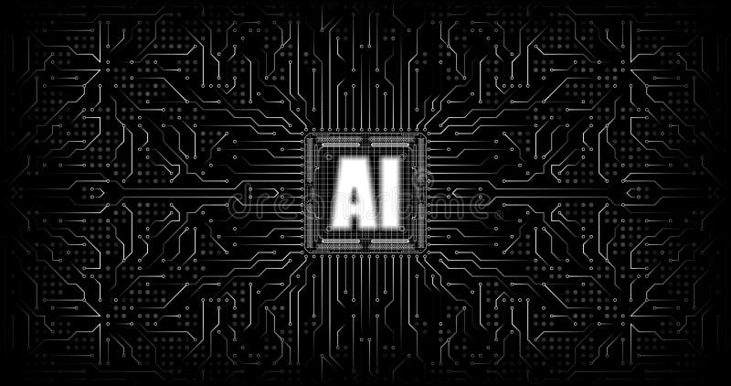 Monochrome Digital Circuit with Central Chip. Black Background and ...
