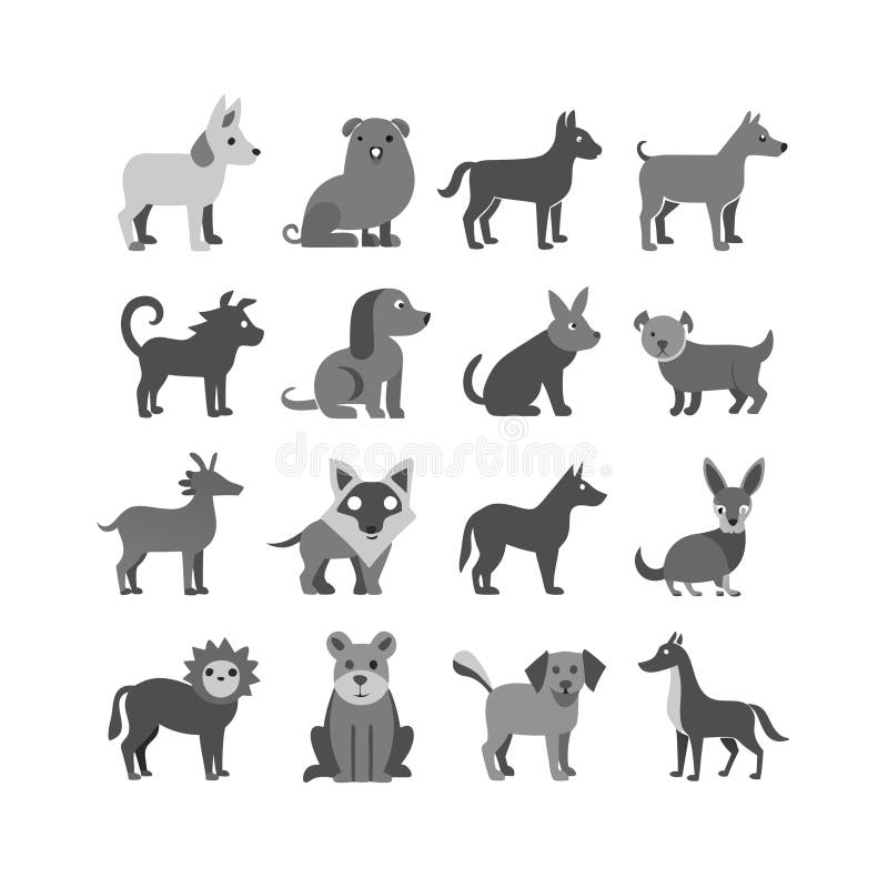 Monochrome Dog Breeds Illustration: Canine Diversity in Simple Vector ...