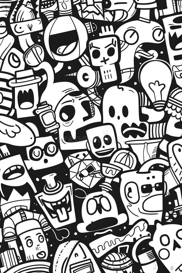 Monochrome Doodle Art with Various Cartoon Characters Stock Image ...