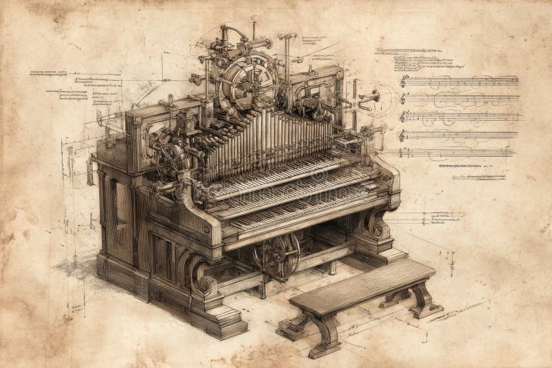 Selfâ€ Playing Pipe Organ Mechanism Draft with Bellows, Keyboard Stack ...
