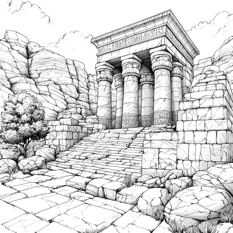 Monochrome Drawing of Ancient Temple Ruins with Stone Columns and Steps ...