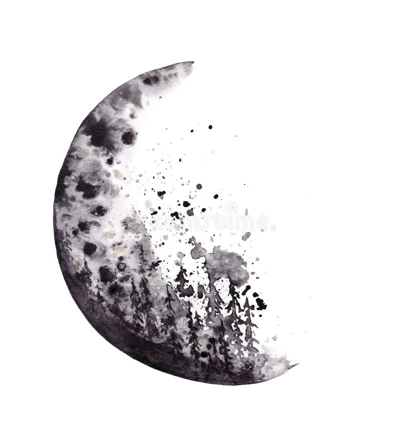 Monochrome Drawing with Black and Silver Paint - Moon and Forest Stock ...