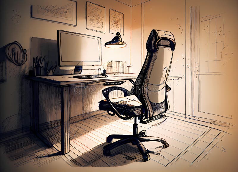 Monochrome Drawing of a Desktop with a Computer. Stock Illustration ...
