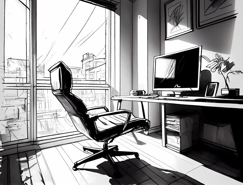 Monochrome Drawing of a Desktop with a Computer. Stock Illustration ...
