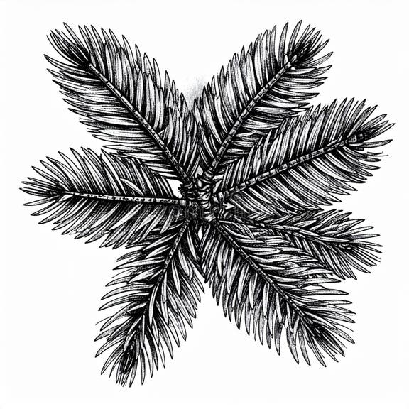 Monochrome Drawing of Evergreen Tree Branches with Detailed Needle ...