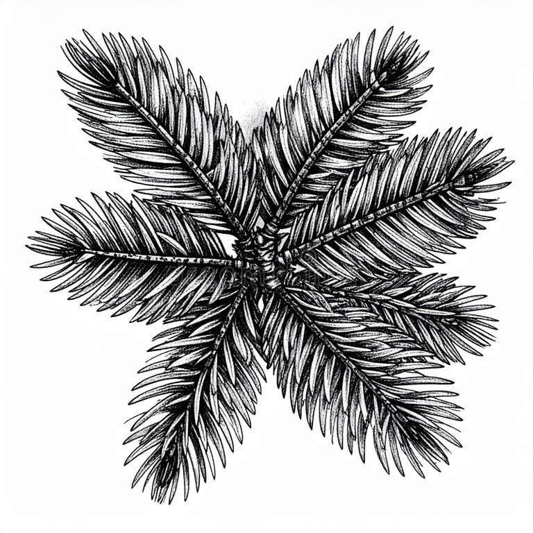 Monochrome Drawing of Evergreen Tree Branches with Detailed Needle ...