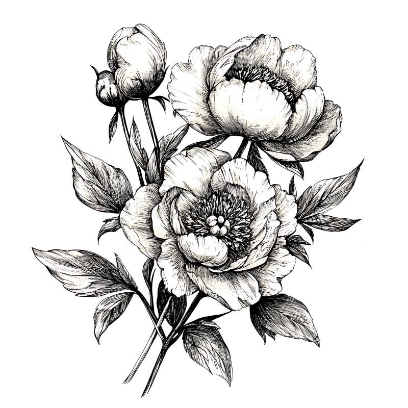 Monochrome Drawing of Peonies Stock Illustration - Illustration of ...