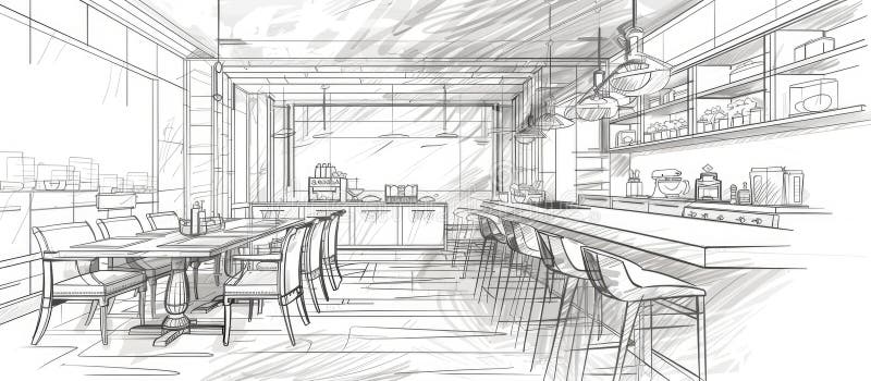 Monochrome Drawing of Restaurant with Tables, Chairs, and Rectangular ...