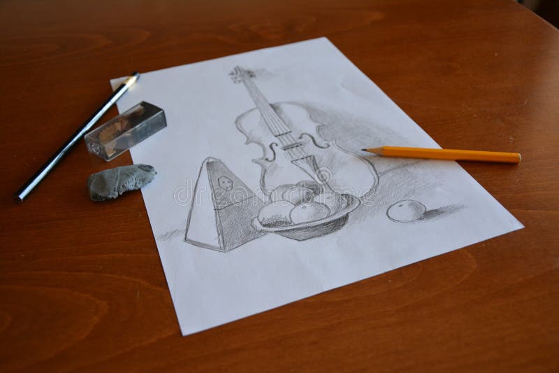 A Monochrome Drawing on a Table with a Pencil, a Sharpener and an ...