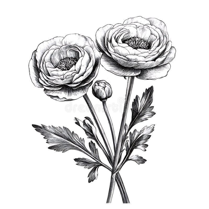 Monochrome Drawing of Two Ranunculus Flowers with Bud and Leaves Stock ...