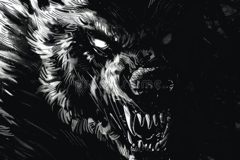 A Monochrome Drawing of a Wolf S Face with Detailed Features Stock ...