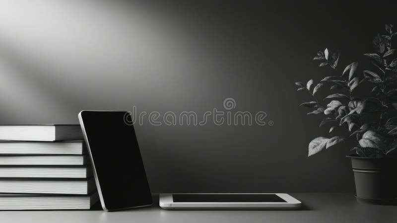 Monochrome Education-themed Backdrop Featuring Books, a Digital Tablet ...