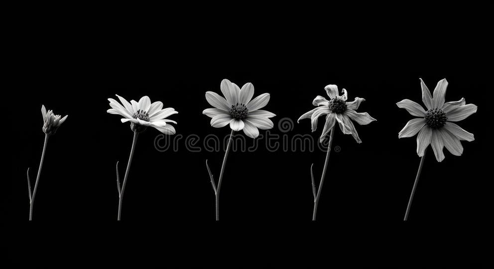 Monochrome Evolution of Flowers: Five Stages of Bloom Against Black ...