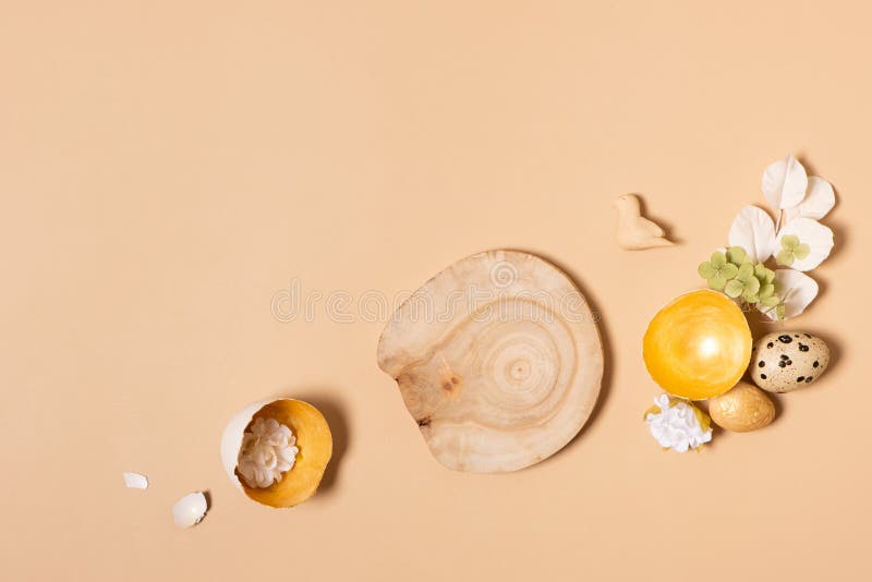 Monochrome Flat Lay Easter Eggs Composition with Wooden Podium. Easter ...
