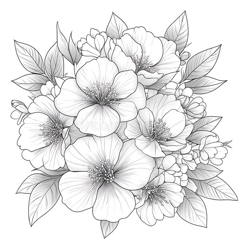 Monochrome Floral Bouquet Line Art Drawing Stock Illustration ...