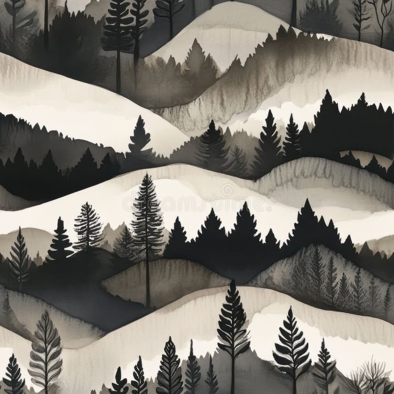 Monochrome Forest Landscape Painting with Trees and Rolling Hills ...
