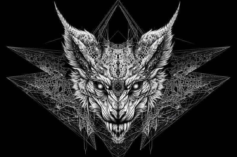 Monochrome Geometric Fox Head Illustration with Intricate Details and ...