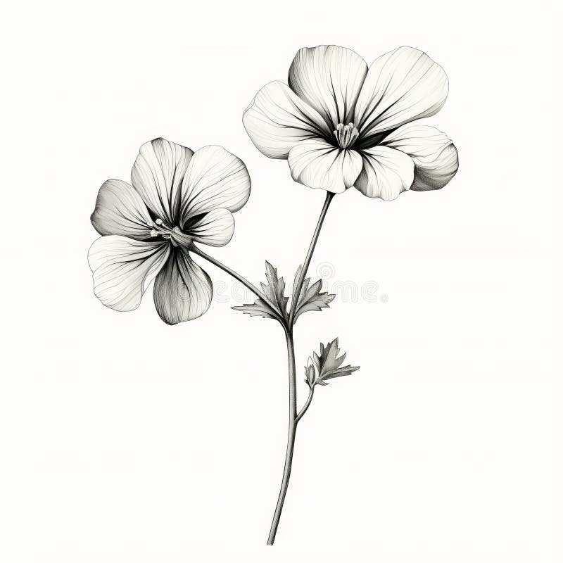Monochrome Geranium Flower Drawing - Simple Linear Design Stock ...