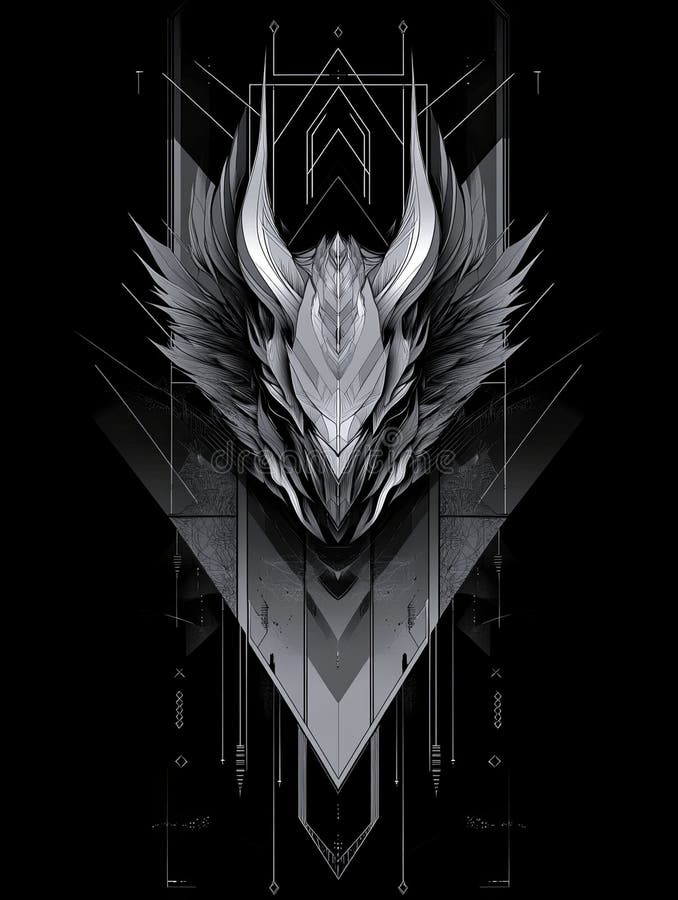 Monochrome Graphic Design of a Stylized Winged Helmet with Geometric ...