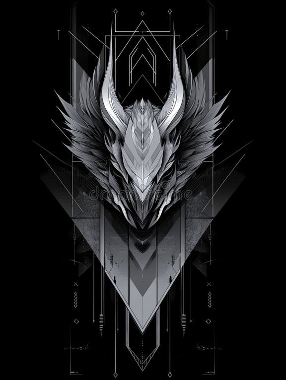 Monochrome Graphic Design of a Stylized Winged Helmet with Geometric ...