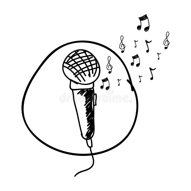 Monochrome Hand Drawing of Microphone in Circle and Musical Notes Stock ...