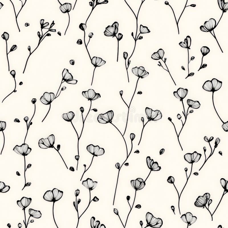 A Monochrome Hand-drawn Pattern of Minimalistic Floral Sketches, Simple ...
