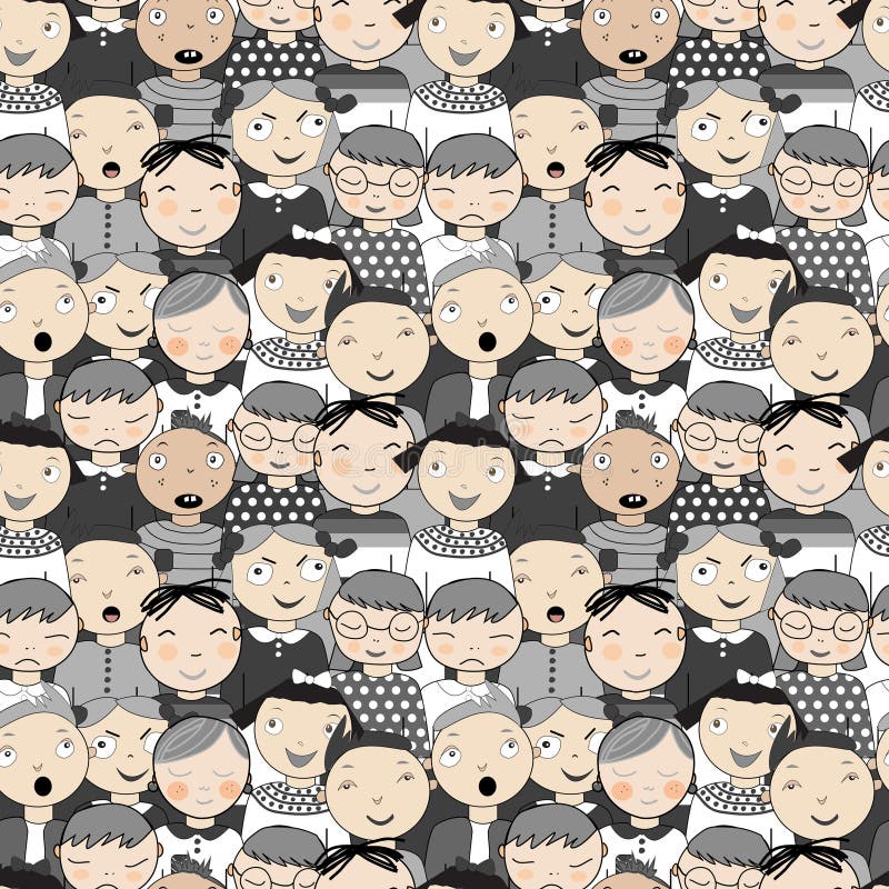 Monochrome Hand Drawn Seamless Pattern with Cute Various Faces of ...