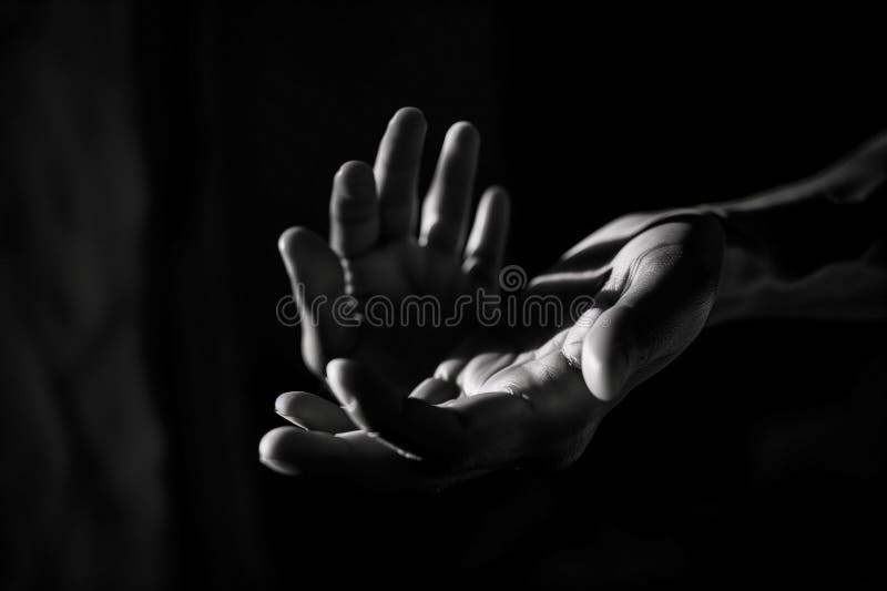 Monochrome Hands Reaching Out from Dark Background, Capturing Emotion ...
