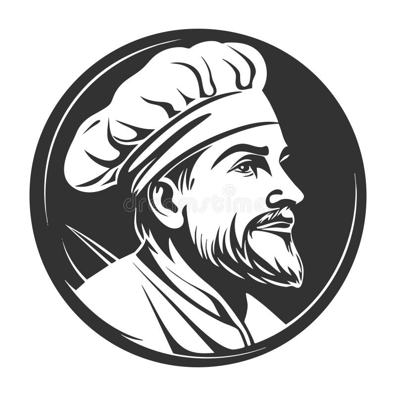 Monochrome Illustration of a Chef in Profile with a Hat and Beard ...