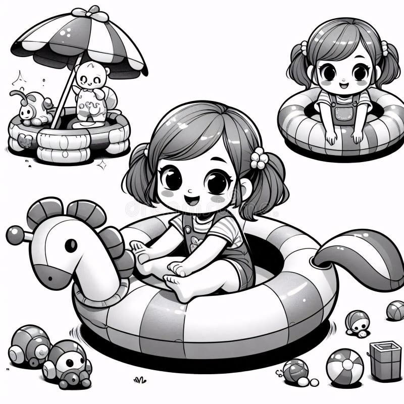 Monochrome Illustration of a Child in a Pool Float with Toys Stock ...