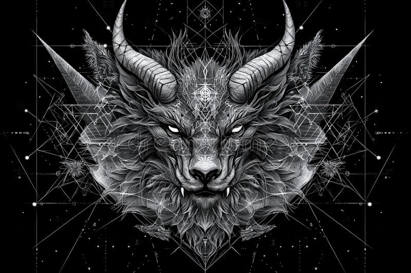 Monochrome Illustration of a Demonic Wolf Head with Geometric Patterns ...