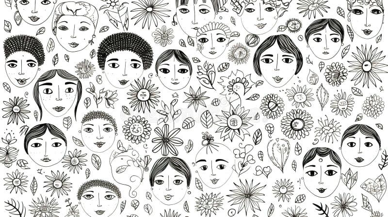 Monochrome Illustration of Diverse Faces Surrounded by Floral Patterns ...