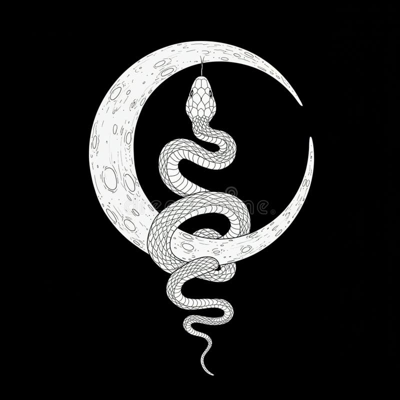A Monochrome Illustration Features a Snake Coiling Around a Crescent ...